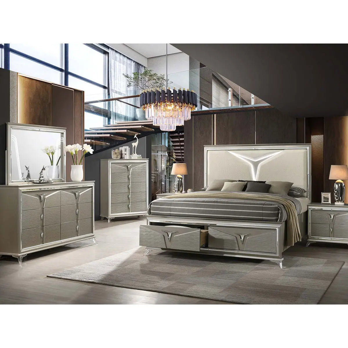 Matrix 6pc Bedroom Set in Olive Silver | Complete Home