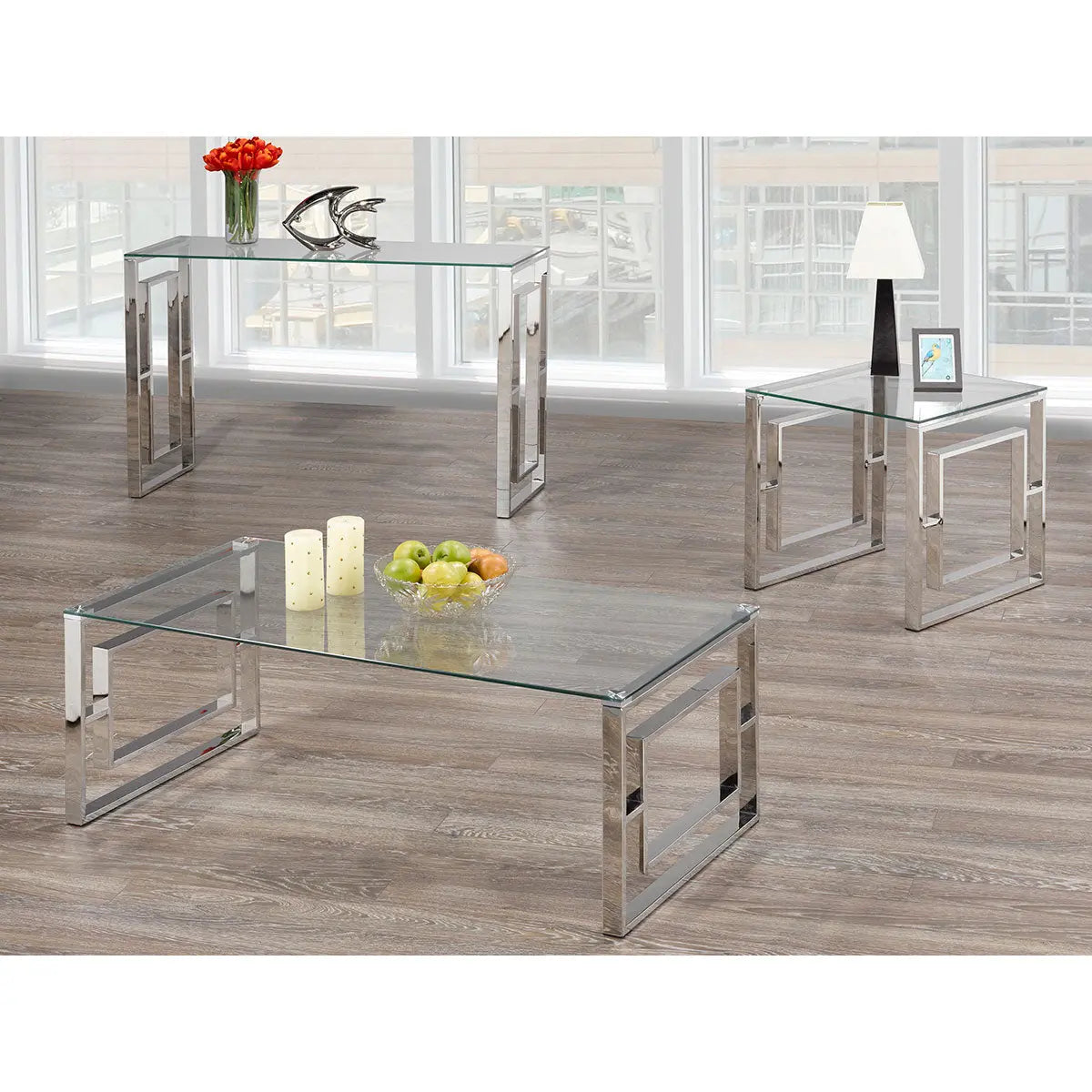 3-Piece Modern Coffee Table Set in Chrome T5016 | Complete Home